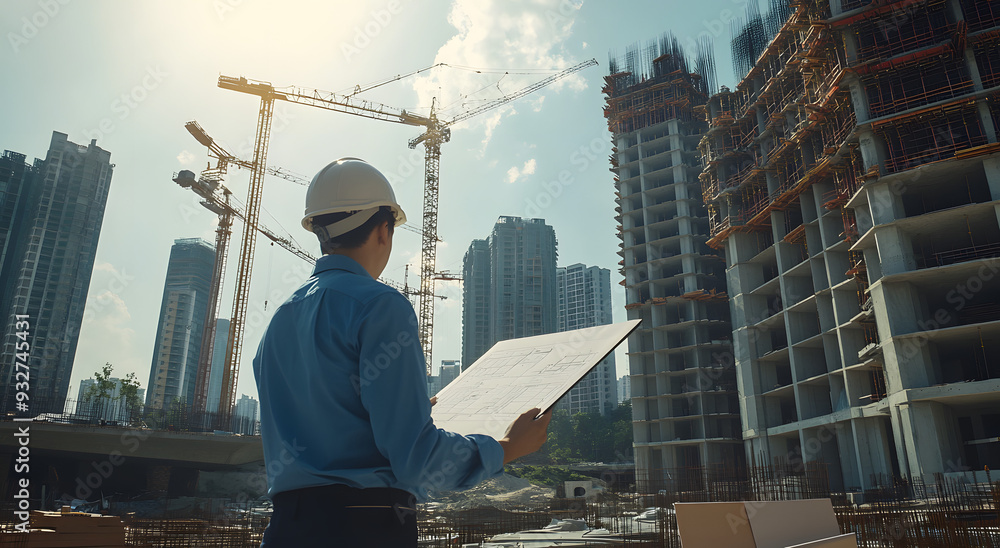 "A Construction Worker in Blue Overalls and a White Helmet, Engaged in ...