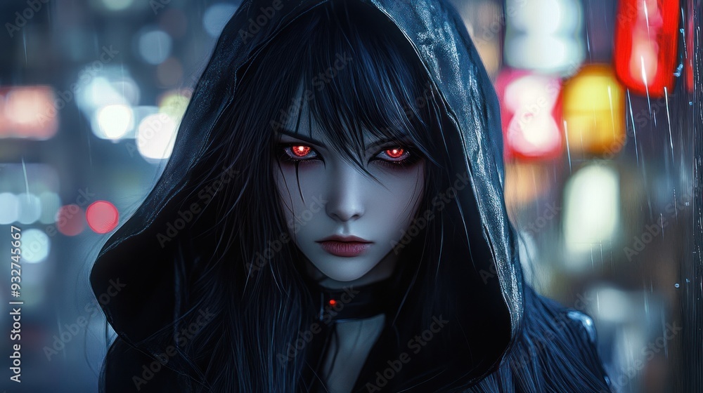 Anime girl red eye character gothic with long black hair wearing a hood ...
