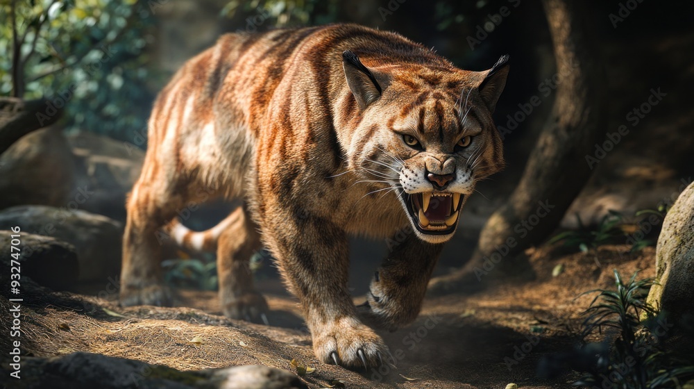A type of prehistoric cat known as Smilodon with saber teeth background ...