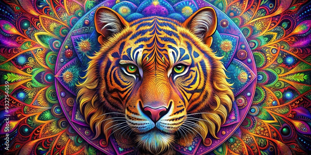Psychedelic tiger head with intricate mandala patterns, a vibrant ...