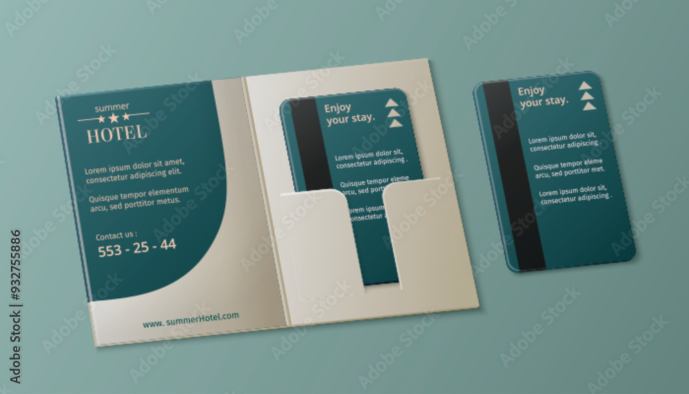 Modern technology hotel and office room key card with cover. Realistic ...