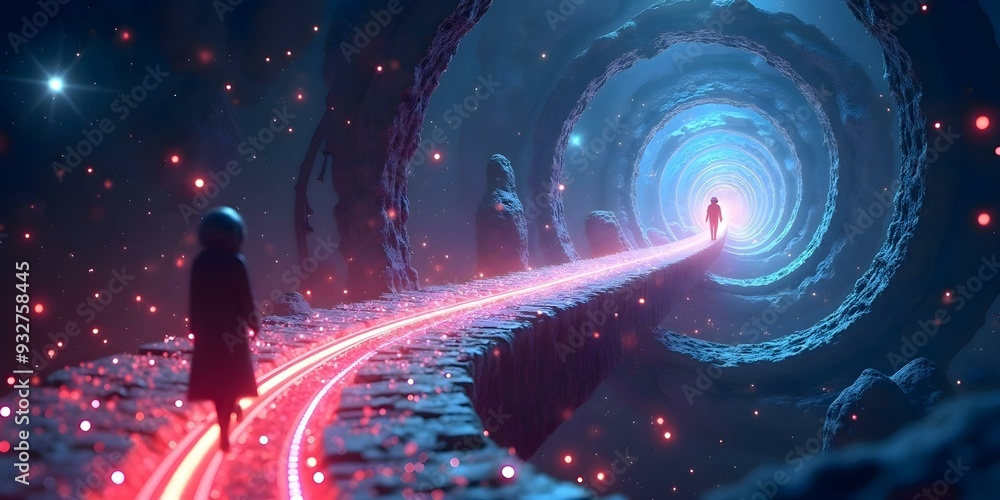 An alien walking through a galaxy way in outer space, exploring ...