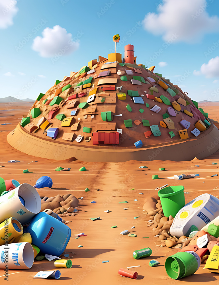 Illustration of a Deserted Landfill Piled High with Trash, Highlighting ...
