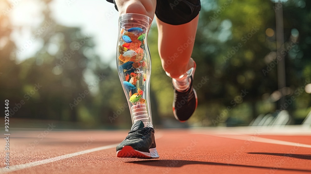Vibrant Runner with Transparent Prosthetic Legs Filled with Tropical ...