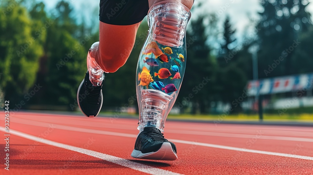 Vibrant Runner with Transparent Prosthetic Legs Filled with Tropical ...