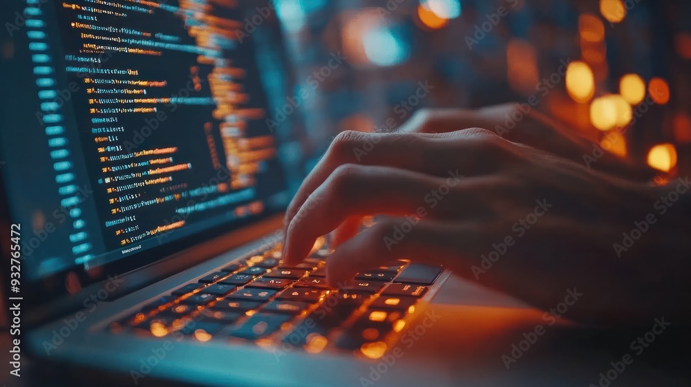 hands typing on a sleek laptop keyboard, with code and data visible on ...