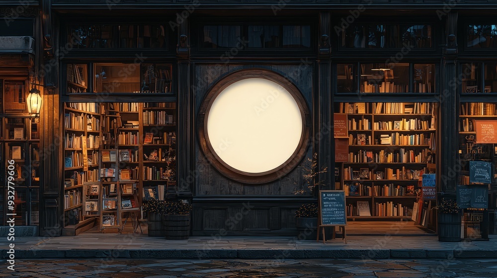 Round frame mockup on bookstore facade for logo or shop signage Stock ...
