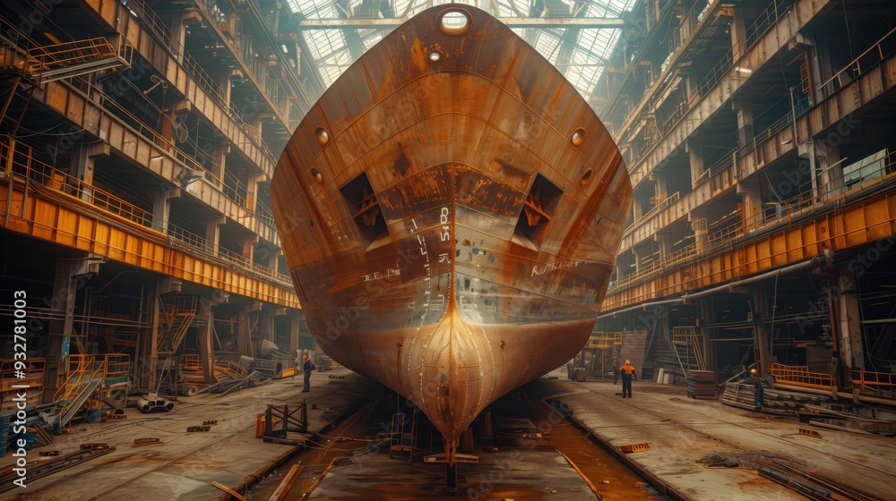 Rusty ship in shipyard under construction. Large, rusty ship under ...