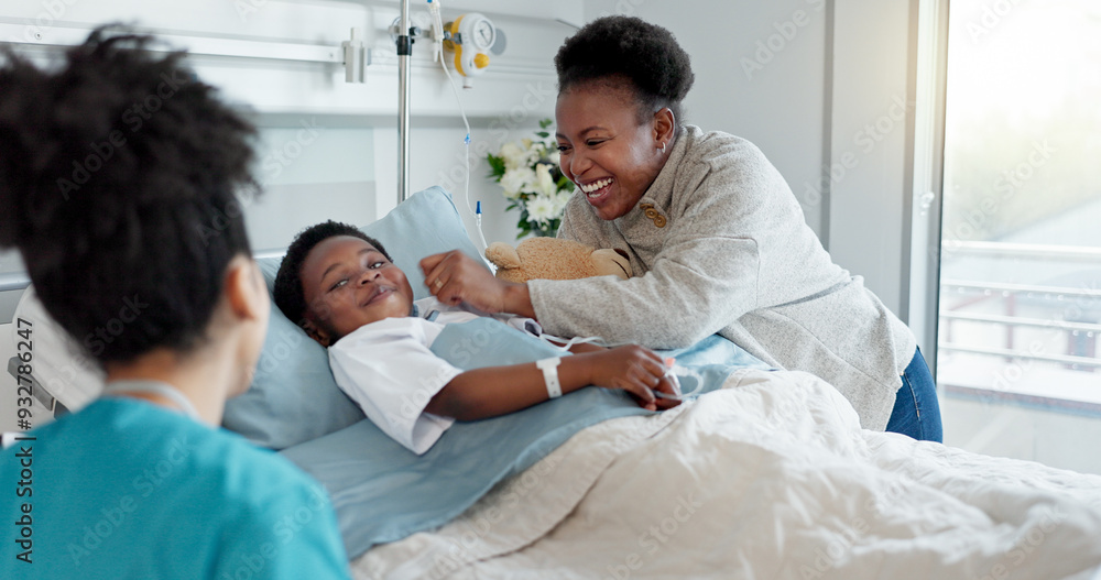 Mom, nurse and black child patient in hospital for recovery of surgery ...
