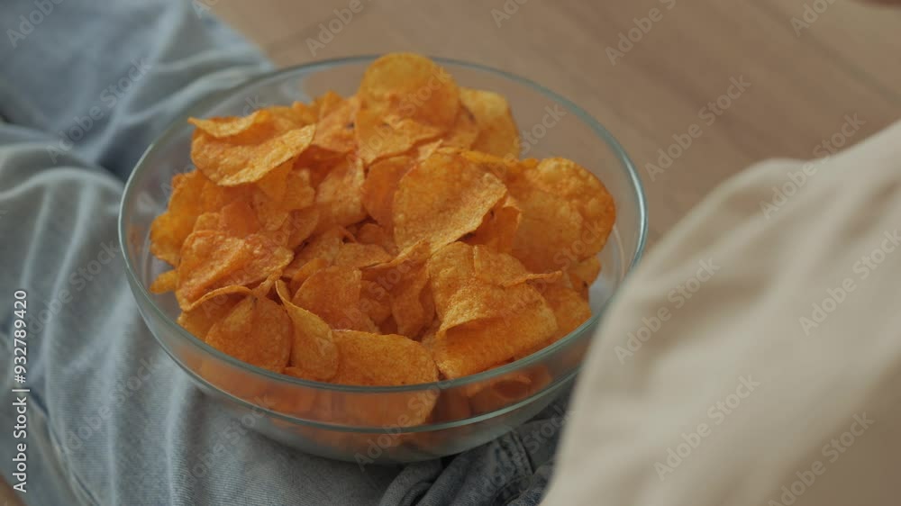 Girl Eating Chips From Bowl While Sitting on Floor in Living Room ...