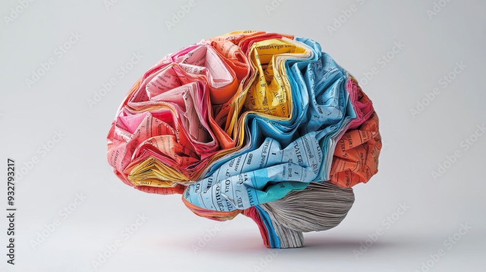 The colorful paper brain made from newspaper pages symbolizes the ...