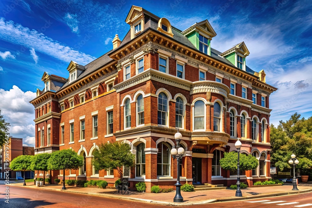 Richly detailed buildings, adorned with brick facades, ornate features ...