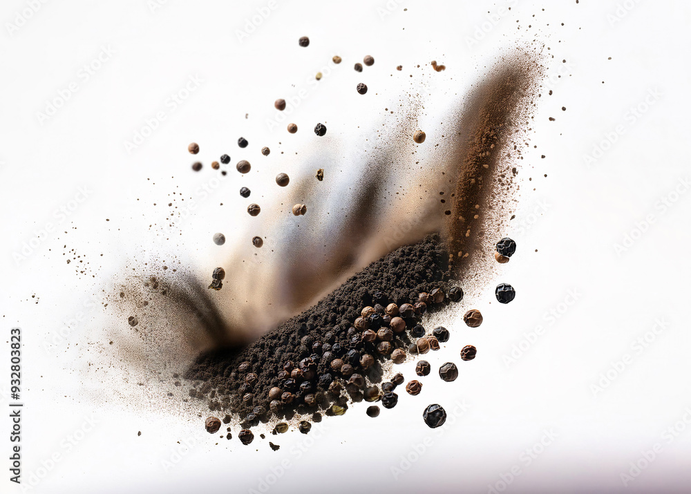 Dynamic black peppercorn floating mid-air with fine pepper dust ...