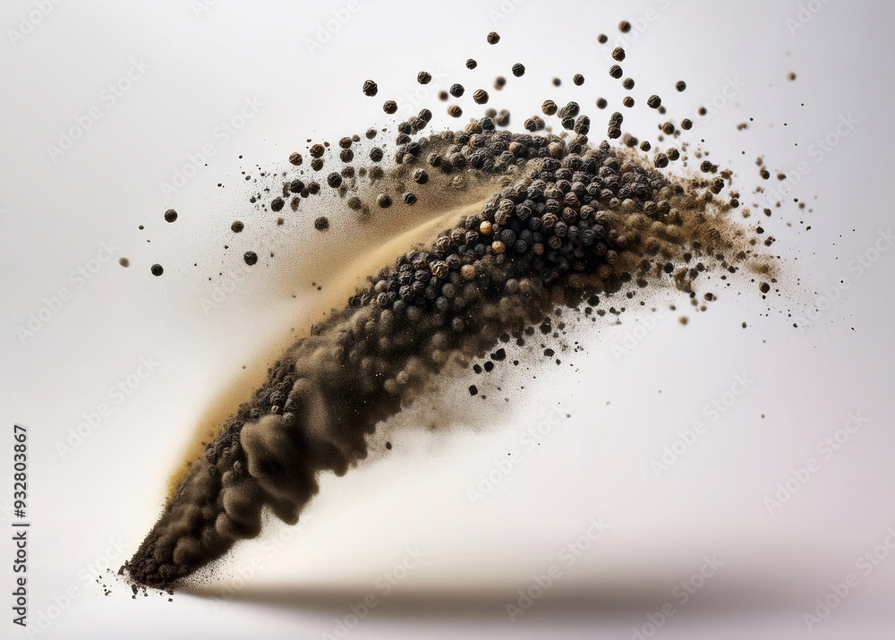Dynamic black peppercorn floating mid-air with fine pepper dust ...