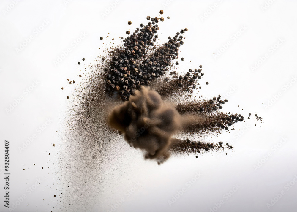 Dynamic black peppercorn floating mid-air with fine pepper dust ...