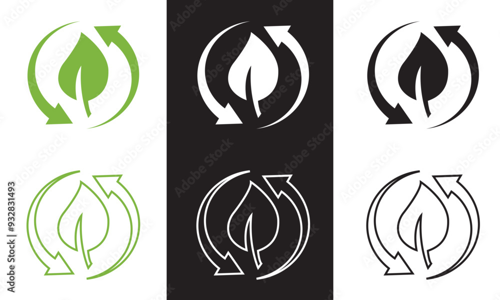 Green, black and white leaf and arrow icons for biodegradable recyclable organic bio package ...