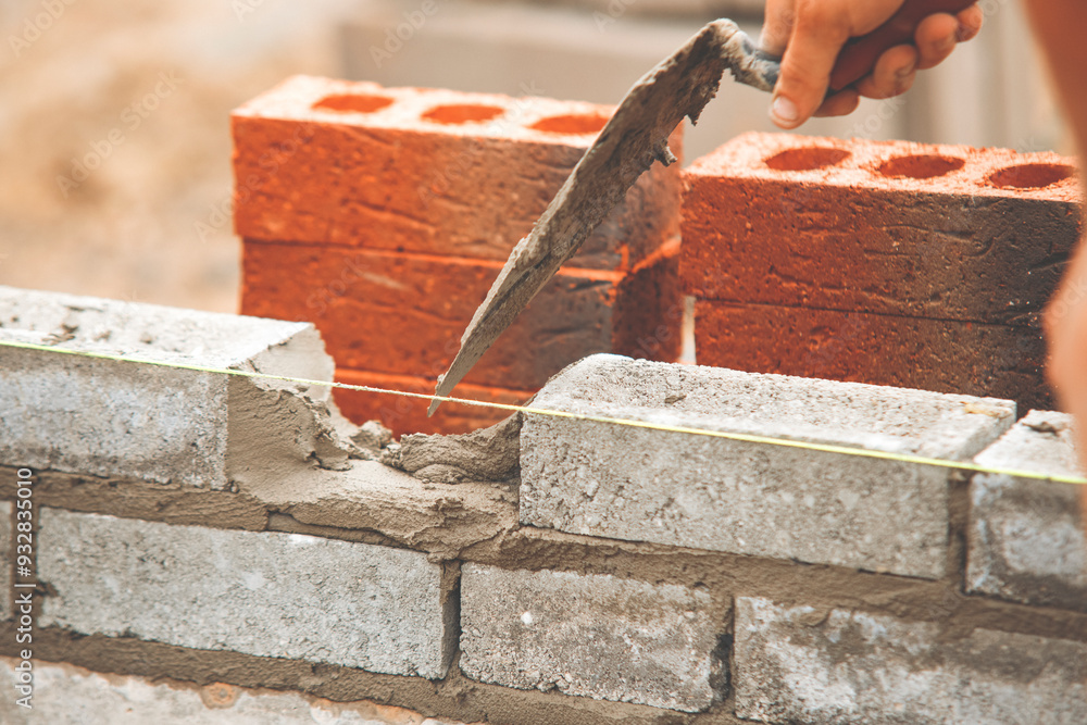 Bricklayer Applying Mortar to a Wall With Red Bricks During Daylight at ...