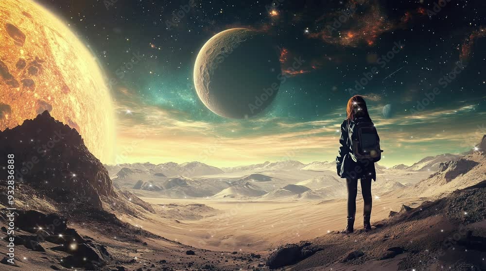 Girl gazing at a distant planet visible in the night sky with a sense ...