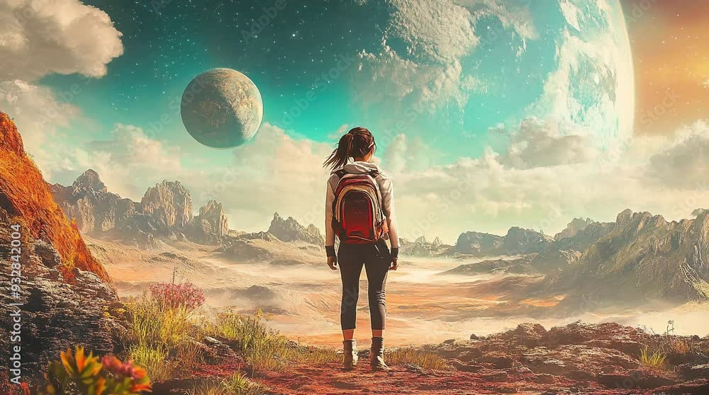 Girl standing on an alien planet's surface, gazing at a starry sky with ...