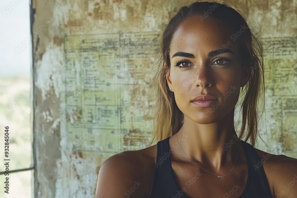 A strong confident woman standing in an aged rustic environment ...