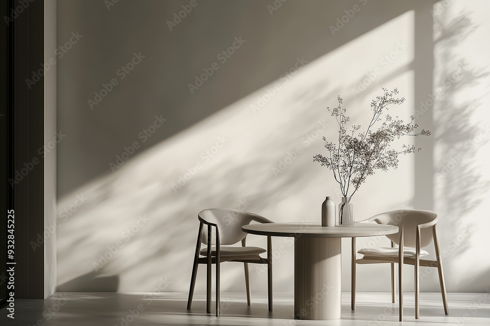 A minimalist dining table is set with two chairs and a single ...