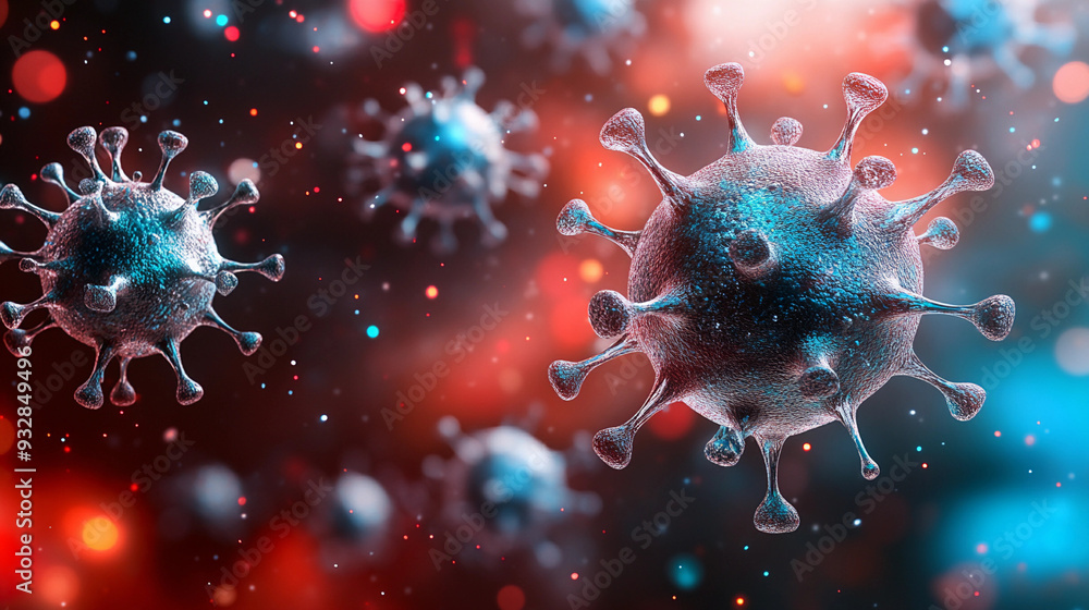 Virus particles are visible in a colorful, blurred background ...