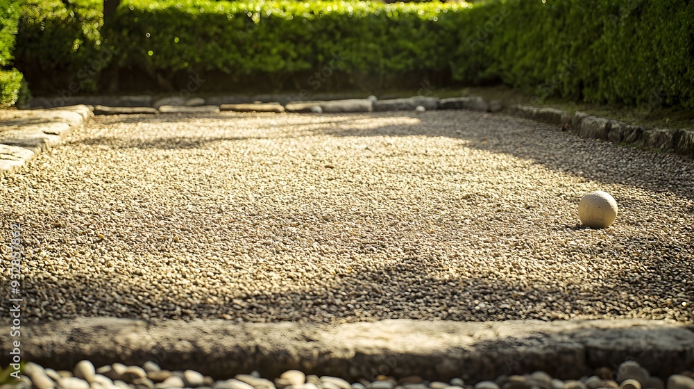 A photograph of a petanque terrain with a gravel surface and boundary ...
