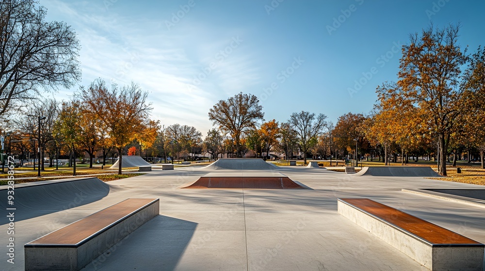 Photograph of a Contemporary Skatepark Setting with Ramps Rails and a ...