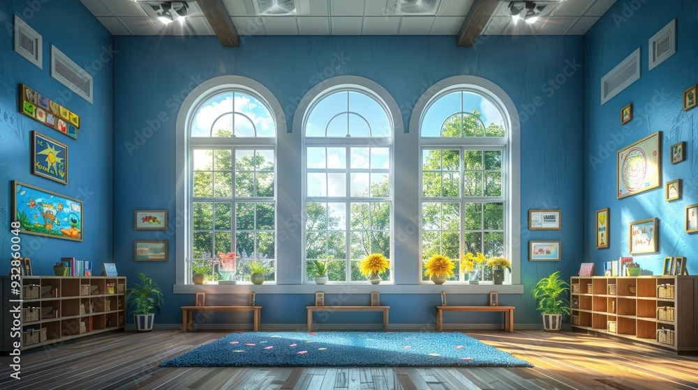 elementary classroom with big windows no students last day of school ...