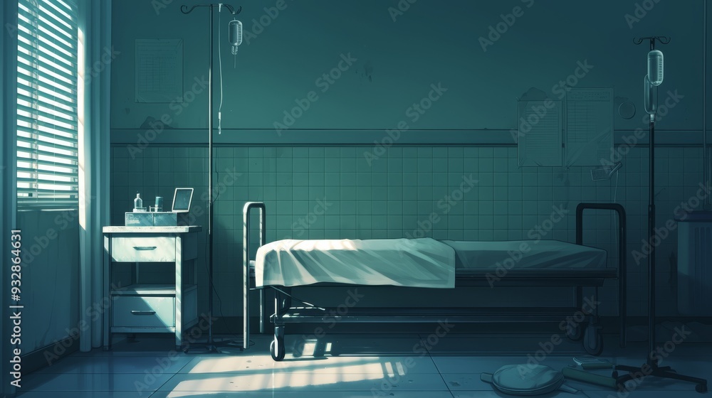 A dimly lit infirmary room with a single bed, a nightstand stocked with ...