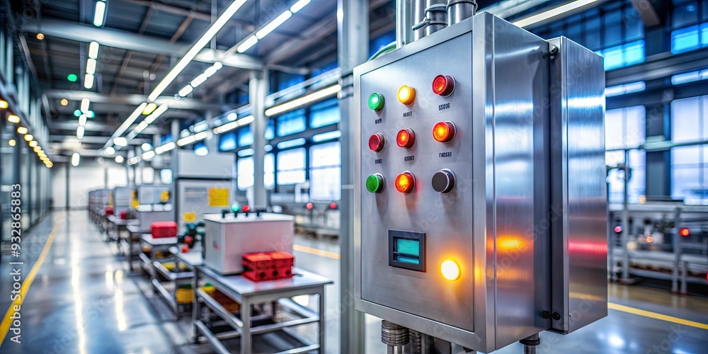Industrial facility with critical machine flashing red warning lights ...