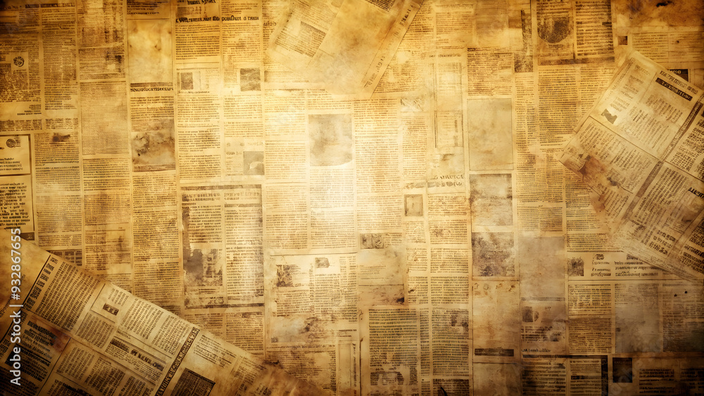 Aged newspaper collage featuring textured background and varying fonts ...