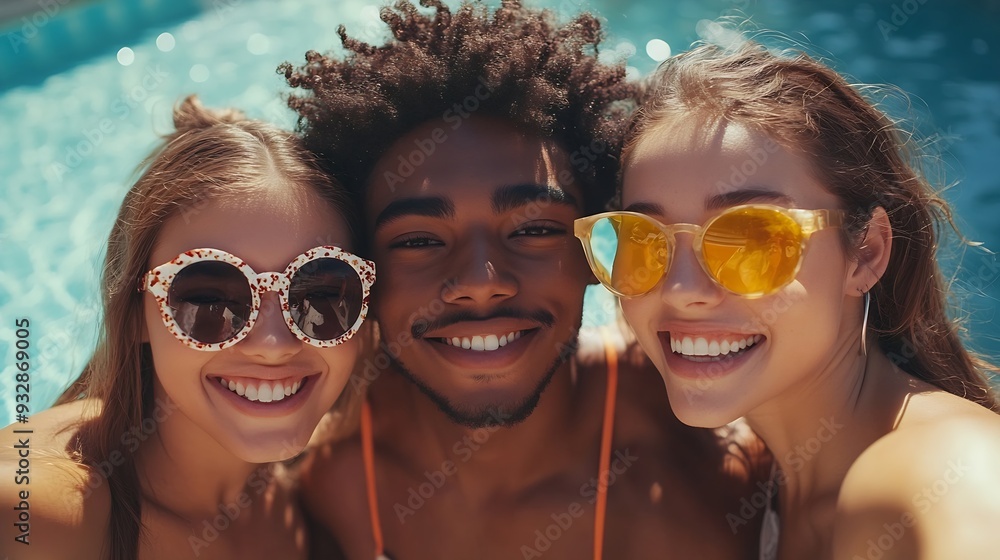 Friends portrait and selfie in backyard on holiday and get together or ...