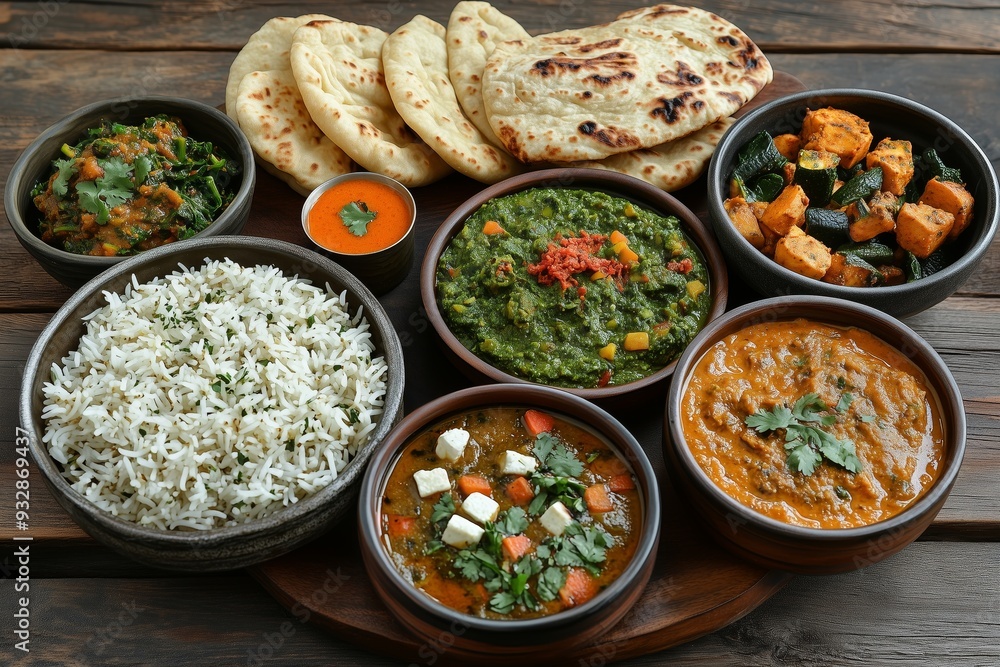 A traditional Indian feast with tricolor dishes. Indian food Curry ...