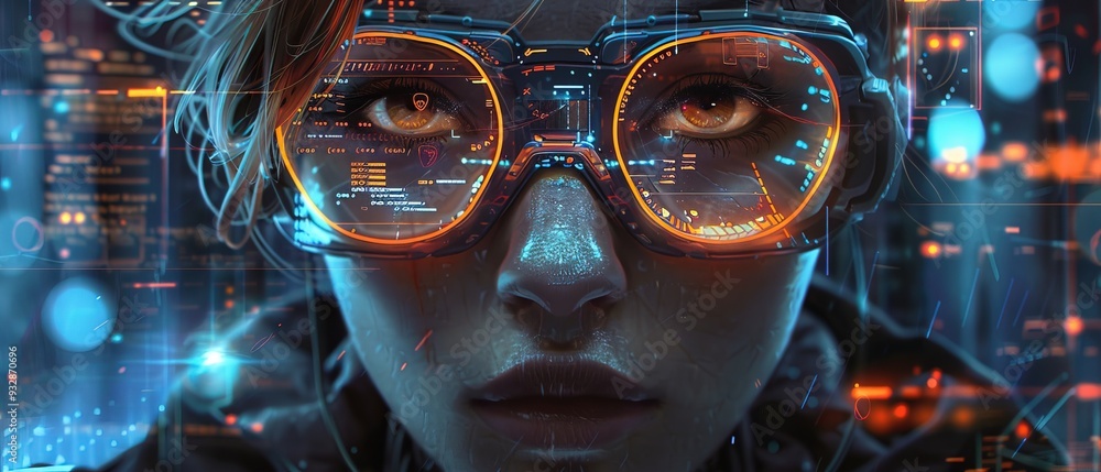 Depict a skilled cyberpunk hacker in a futuristic setting, surrounded ...