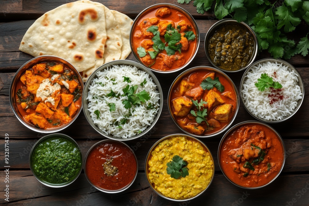 A traditional Indian feast with tricolor dishes. Indian food Curry ...