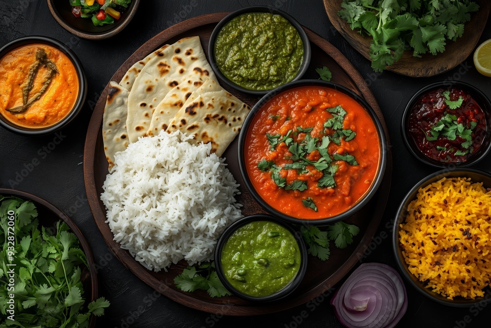 A traditional Indian feast with tricolor dishes. Indian food Curry ...