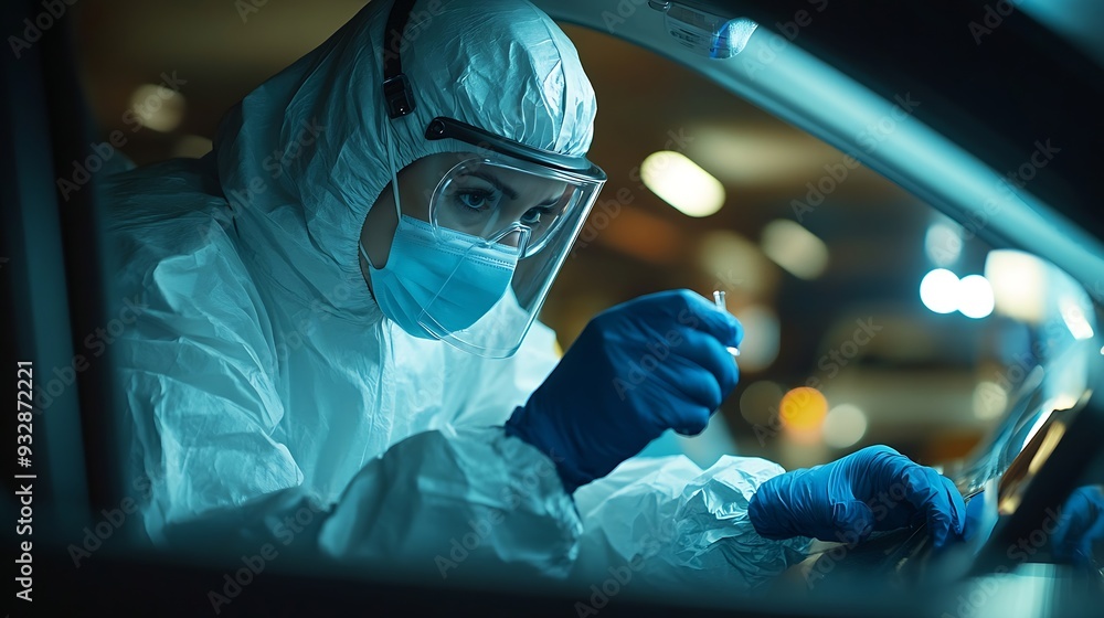 Forensic investigation and photography of evidence in crime scene car ...