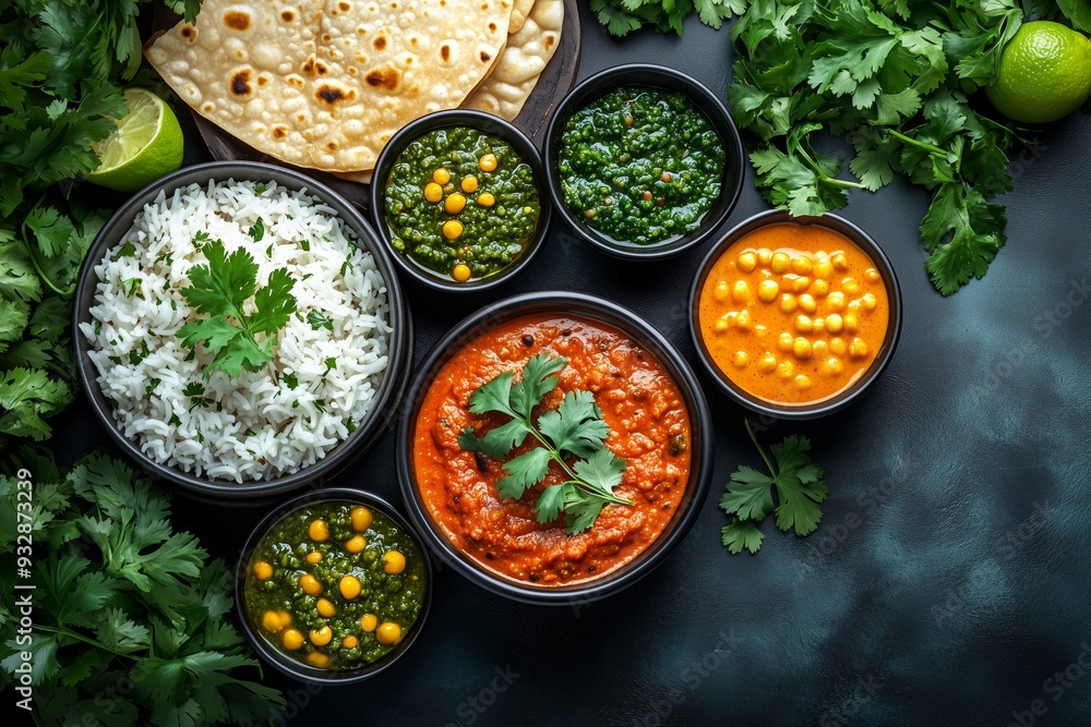 A traditional Indian feast with tricolor dishes. Indian food Curry ...