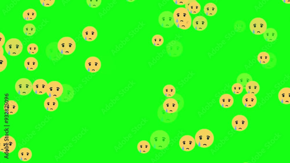 Animated sad emoji particles on green background, social media ...