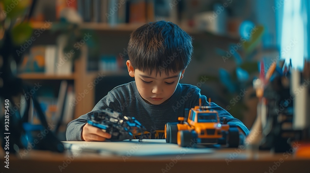 Education writing in notebook and kid with robotics homework homeschool ...