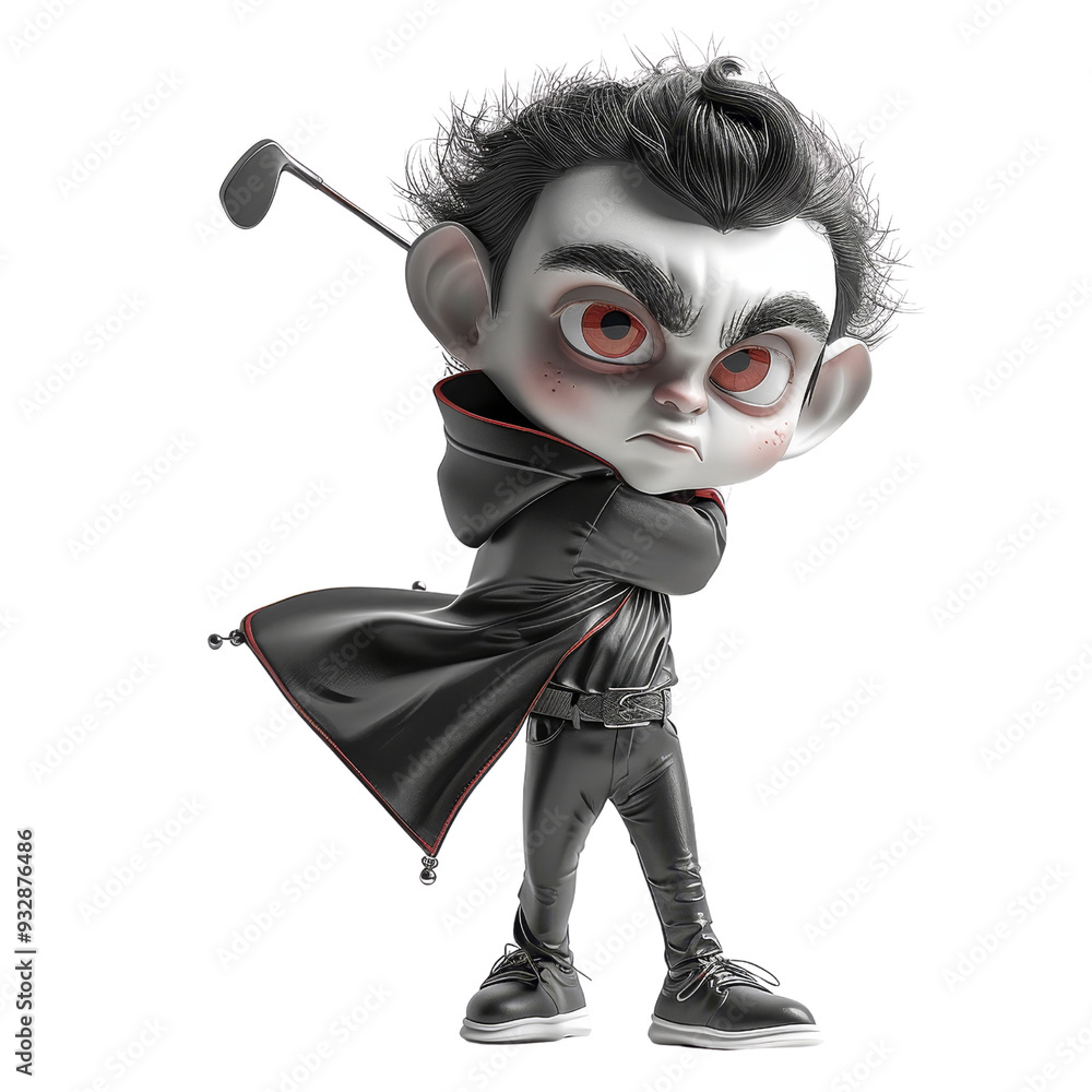 3D cartoon character of a serious vampire in black outfit with dark ...
