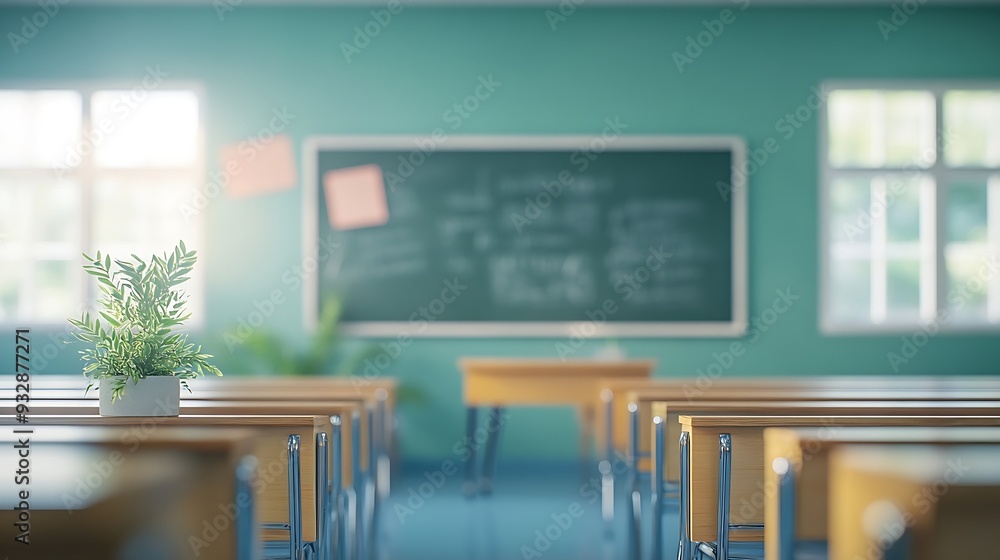 Blur background of interior design of empty classroom with blackboard ...