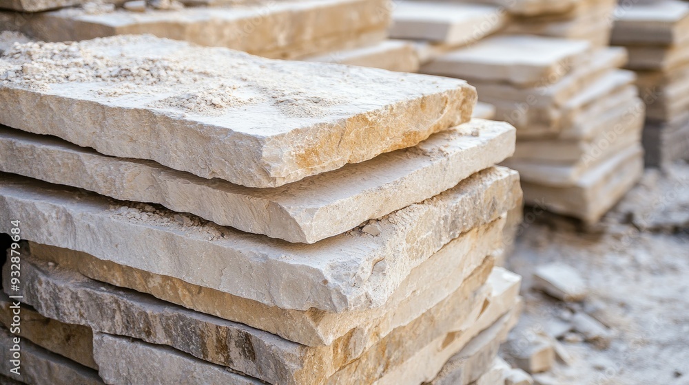 Limestone slabs stacked in a neat arrangement, with fine dust and small ...