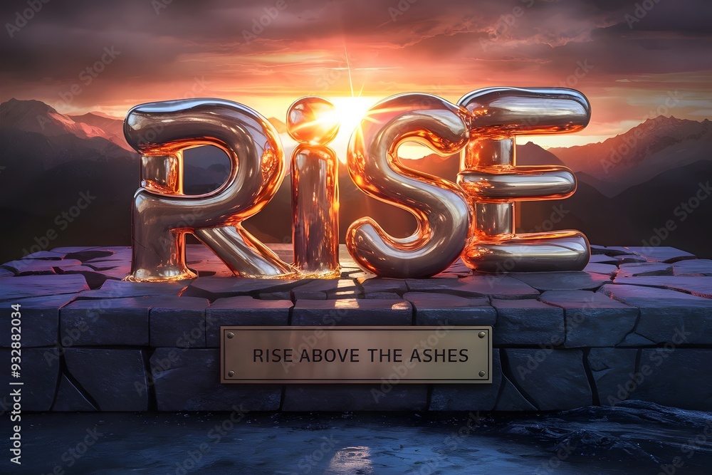 A captivating 3D typography design where the word 'RISE' is formed from ...