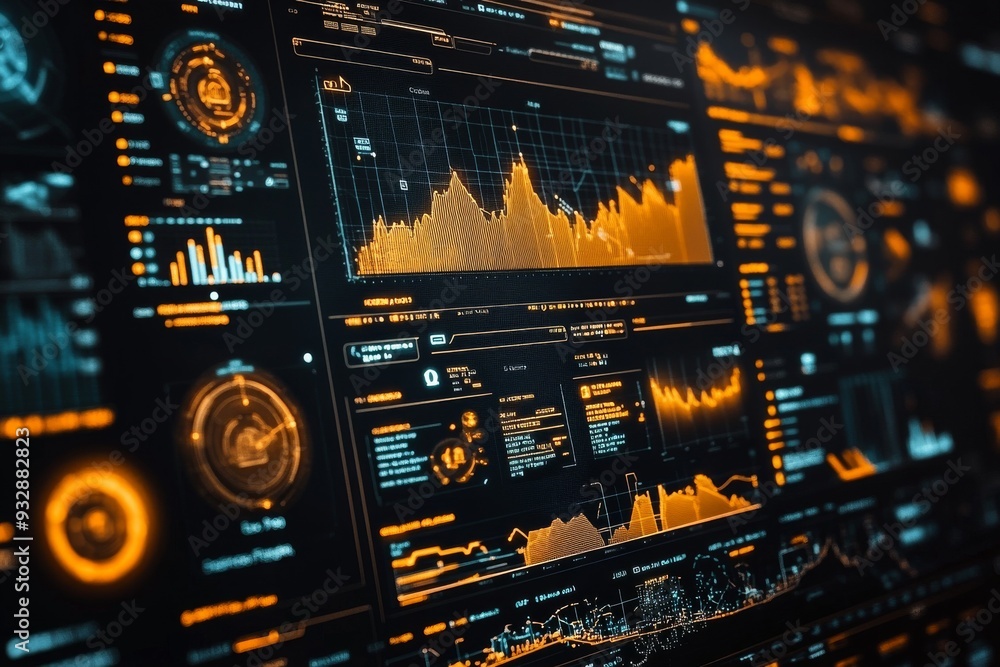 High tech control room with multiple screens displaying complex data ...