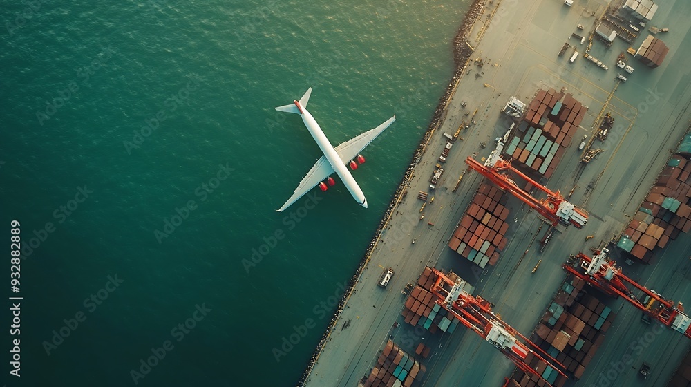 Aerial view and top view cargo plane flying above ship port in the ...