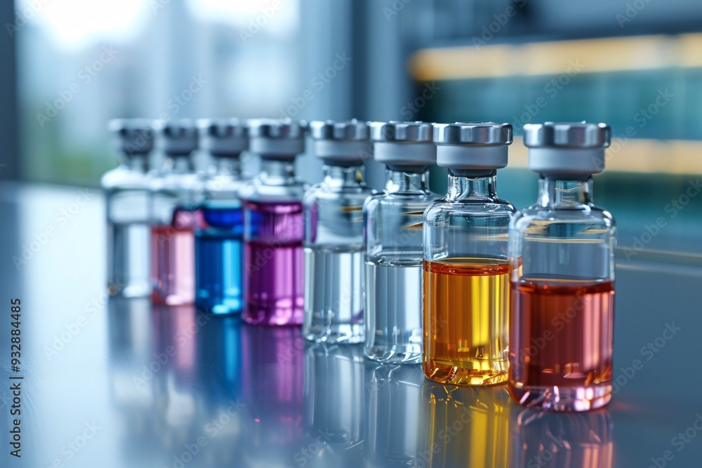 Cluster of Inoculation containers. Pharmaceuticals in vials. Glass ...