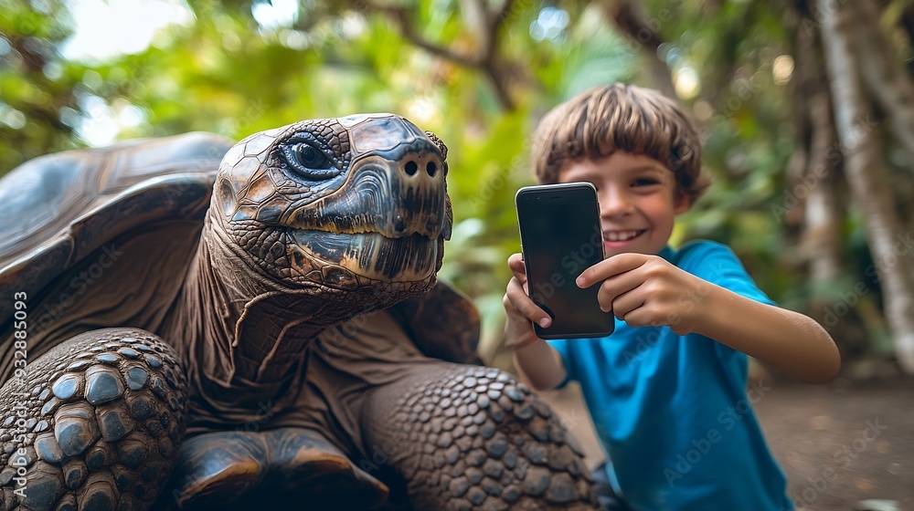 Smiling tourist boy making a selfie using cell phone with Aldabra giant ...