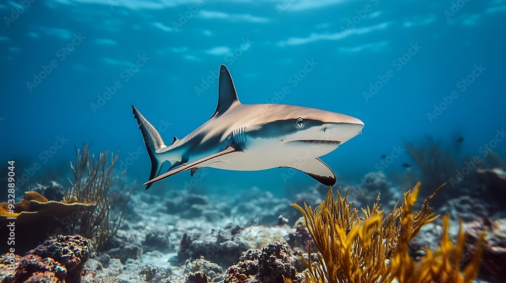 Reef shark swimming The Caribbean reef shark is a species of requiem ...